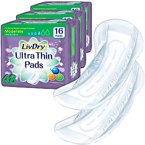 LivDry Incontinence Ultra Thin Pads for Women | Leak Protection and Odor Control | Extra Absorbent (Moderate 48-Count)