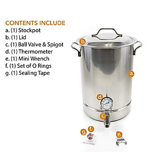 GasOne BS-40 Stainless Steel Kettle Pot Pre Drilled 4 PC Set Quart Tri Ply Bottom for Beer Includes Lid, Thermometer, Ball Valve Spigot-Home Brewing Supplies, 40 QT/10 GALLON