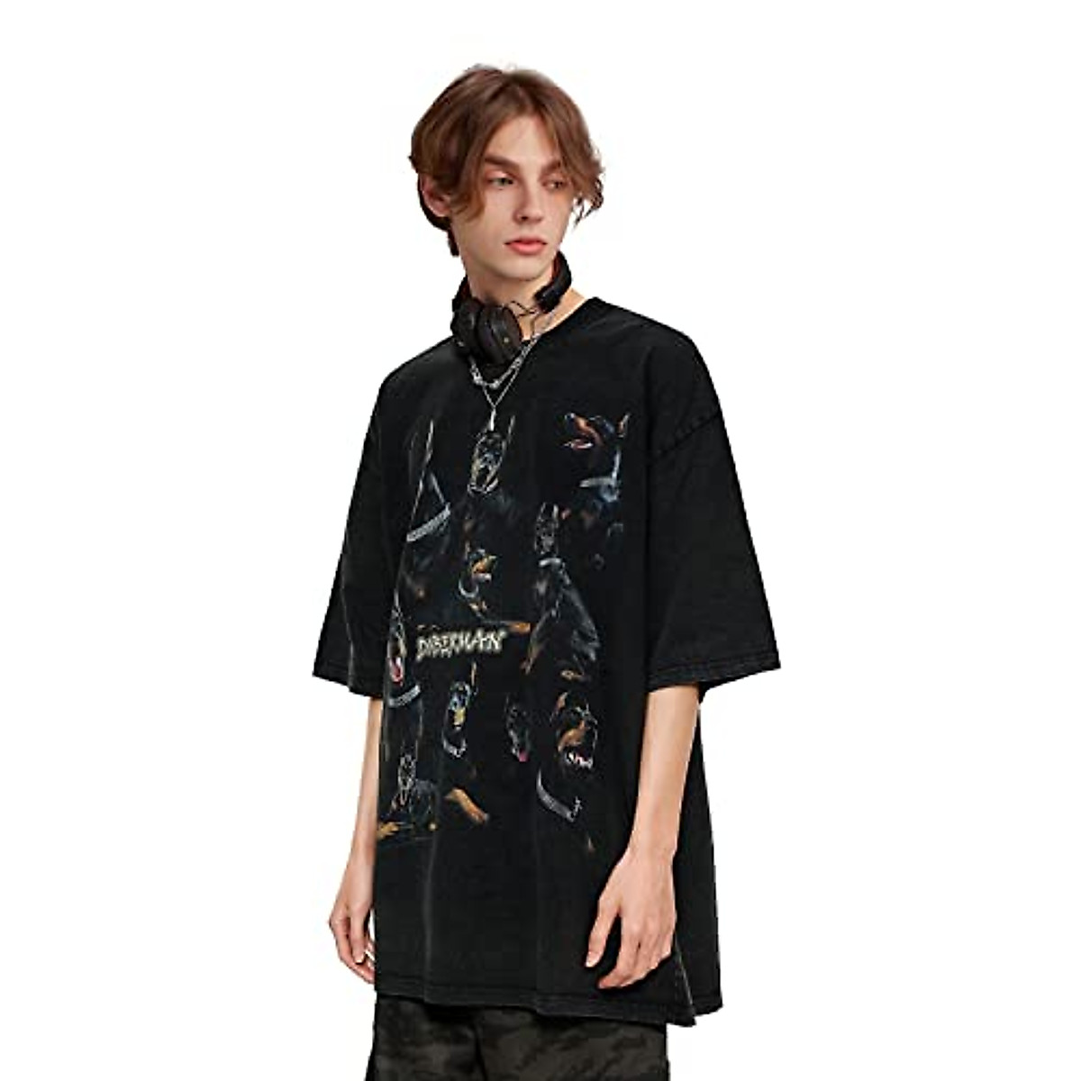 Aelfric Eden Men’s Washed Doberman Graphic Tee T-Shirts Oversized Letter Graphic Print Elements Short Sleeve Crewneck Tee