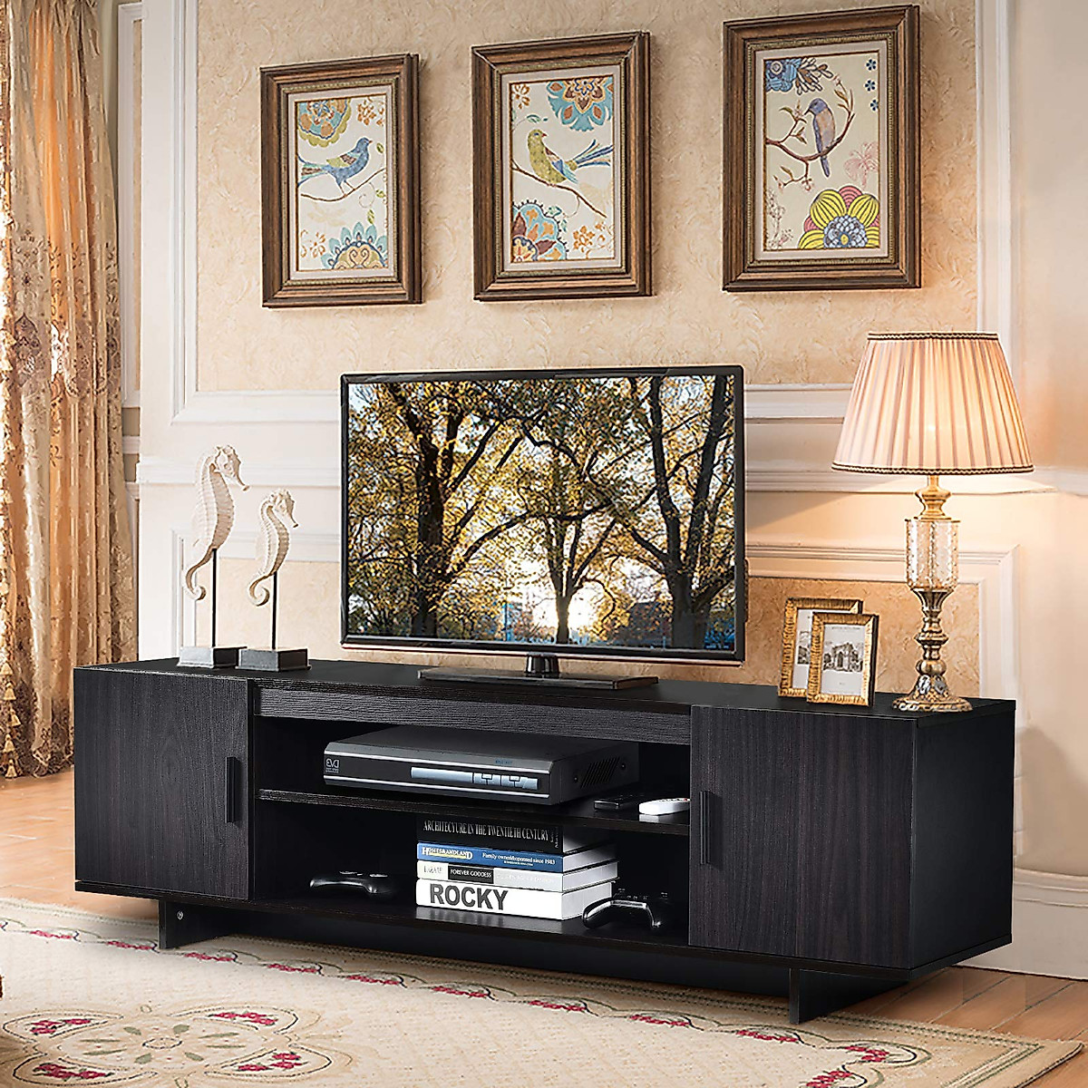 Tangkula Modern Wood Universal TV Stand for TV up to 65", Media Console with 2 Storage Cabinets & Open Shelves, Home Living Room Furniture Entertainment Center (Brown)