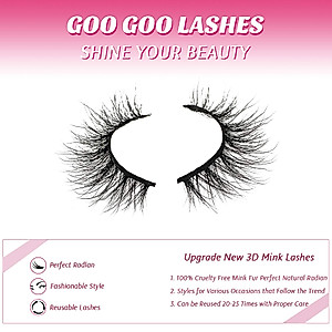GOO GOO Mink Lashes 3D Mink Eyelashes, 10mm-14mm Natural False Lashes Siberian Faux Mink Lashes Real Layered Effect Hand Made Strips Lashes for Women Reusable Fake Lashes 1 Pair