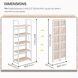 4NM No-Assembly Folding Bookshelf Storage Shelves 5 Tiers Vintage Bookcase Standing Racks Study Organizer Home Office (Natural and White)