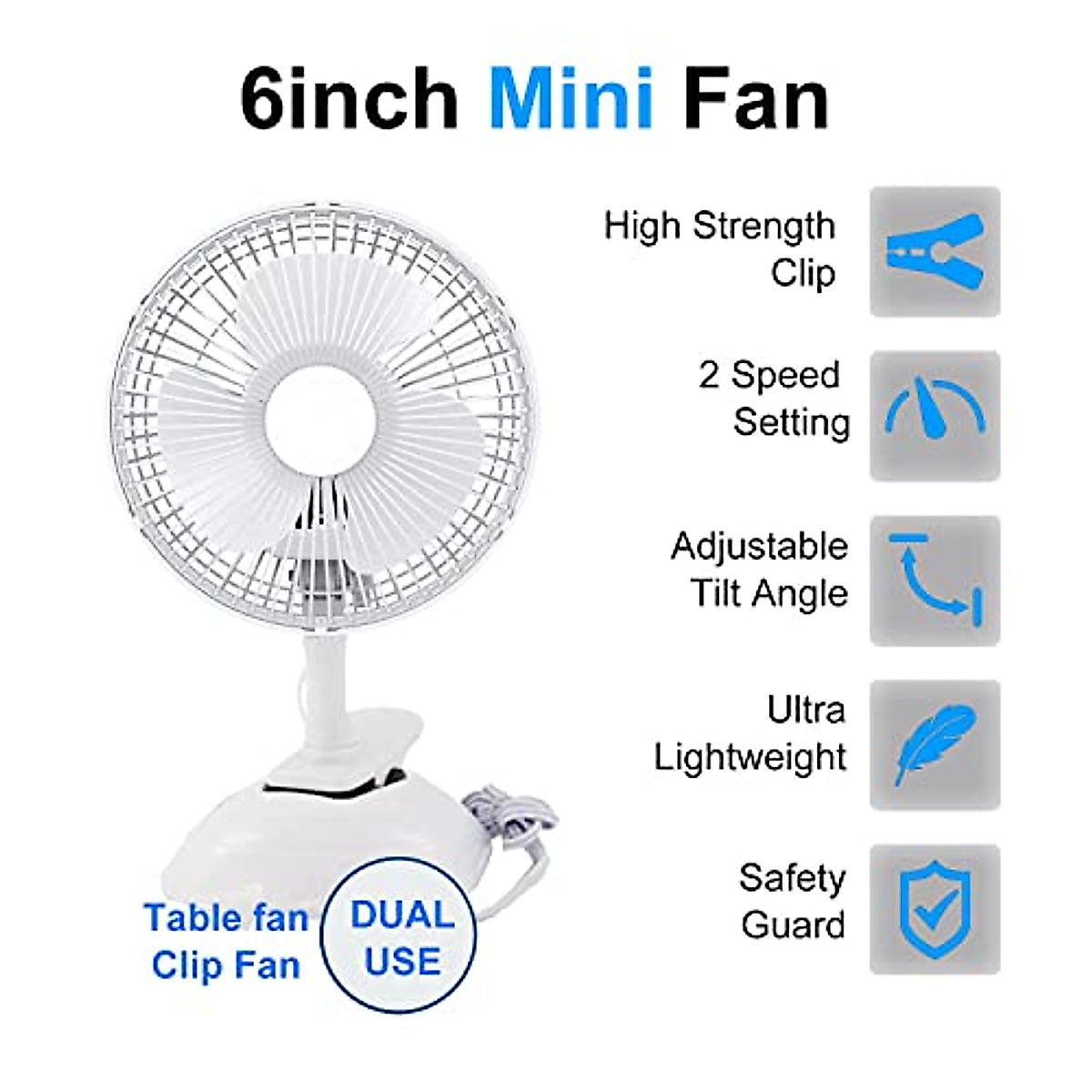 6 inch 2 speed-Adjustable Tilt, 2 in 1 clip and table fan Personal Clip On Fan plug in clip fan For The Home, Office, Dorm White color Fan