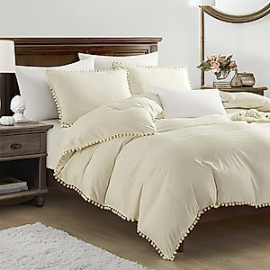 AiMay 2 Piece Duvet Cover Set Twin Size(1 Duvet Cover + 1 Pillow Shams) Bedding Sets Super Soft 100% Double Brushed Microfiber Boho Ball Fringe Breathable Skin-Friendly (White, Twin)