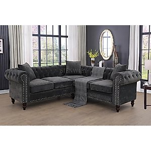 SIENWIEY Chesterfield Sectional Sofa,Deep 80 Inch Luxurious L Shaped Couch Button Tufted Velvet Sofa/Upholstered Rolled Arm with Rivets/Chesterfield Settee Modern 5 Seater Sofa for Living Room，Black