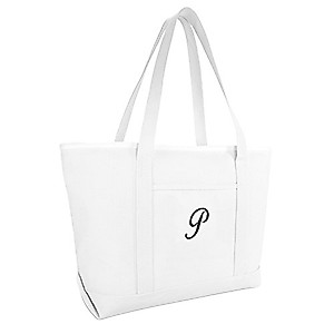 DALIX Large Canvas Tote Bag for Women Work Bag Beach Totes Monogrammed White P