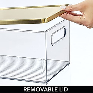 mDesign Plastic Bathroom Storage Organizer Bin - Stackable Box with Handles and Steel Lid - Perfect for Makeup and Medicine Organization - 15" Long - Ligne Collection, 2 Pack, Clear/Soft Brass