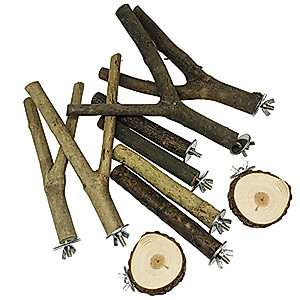 Allazone 10 PCS Natural Wood Bird Perch Stand, Bird Parrot Perch Stand Set, Wooden Parrot Perch Stand Perch Platform Cage Accessories for Parrotlets Cockatiels Budgies Parakeets