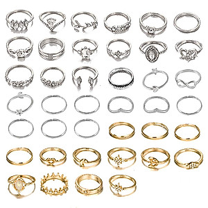 YOOESTORES82 Knuckle Rings Set for Women Vintage Stackable Rings Set Boho Joint Finger Rings Gold Silver Midi Rings Rhinestone Stacking Rings (40Pcs)