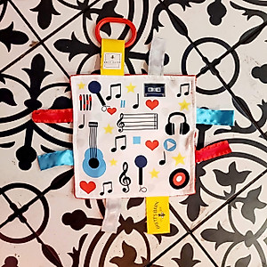 Baby Jack & Co 8x8” Music Lovey Tag Toys for Babies - Baby Crinkle Toys - Crinkle Toys for Baby - Soft & Safe - Learn Shapes & Colors - Ideal Baby Toy - BPA Free w/Stroller Clip