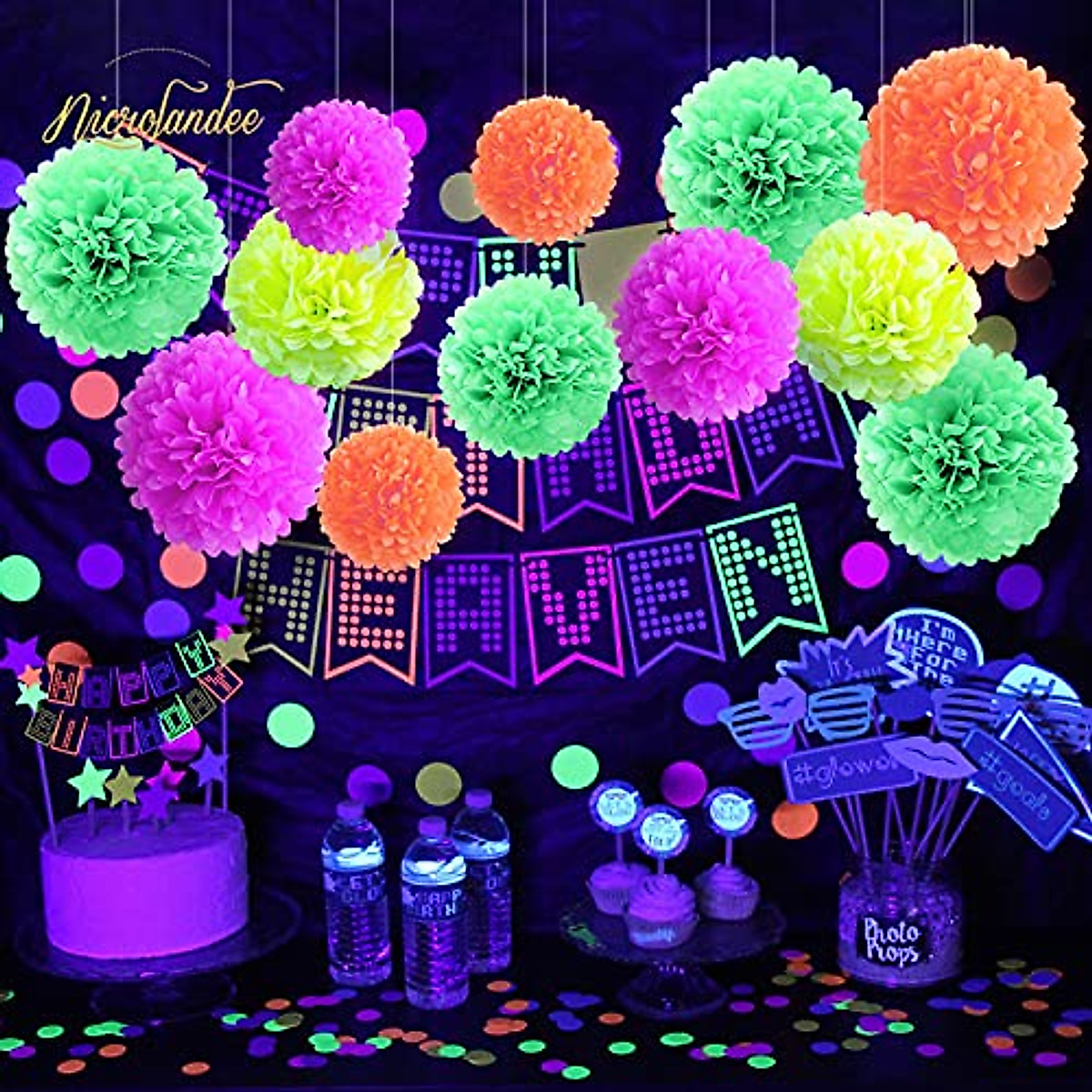 NICROLANDEE Blacklight Party Decorations - 12 PCS Fluorescent Neon Tissue Paper Pom Poms for Birthday, Wedding, Baby Shower, Glow-in-The-Dark Party, Neon Party, Prom Dance Party Photography