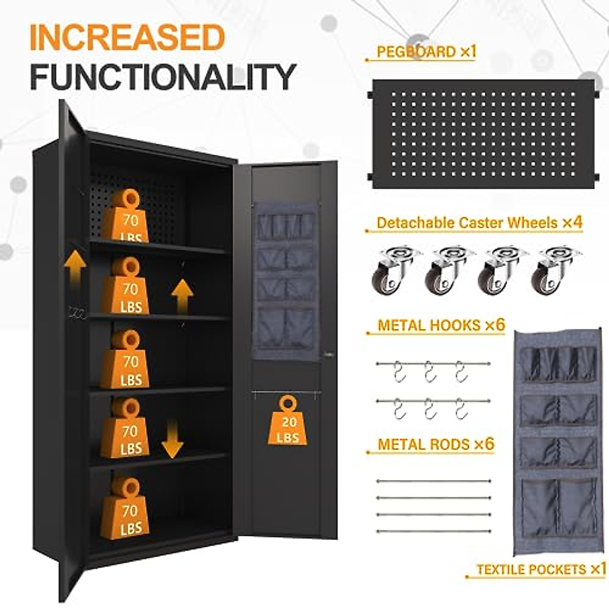 ANTISTA Metal Storage Cabinet - 72-Inch Black Lockable Garage Cabinet with Doors& 4 Adjustable Shelves | Heavy-Duty Steel Cabinet for Garage, Office, Pantry, Gym