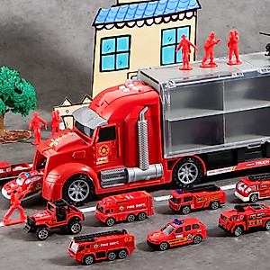 JOYIN 25 in 1 Fire Truck Vehicle Toy Set with Sounds and Lights, Fire Engine Vehicles in Carrier Truck, Mini Rescue Emergency Fire Truck Car Toy, Birthday Gifts for Over 3 Years Old Boys