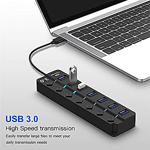 Lysee USB Cables - USB 3.0 HUB Splitter 7 Ports w/ On/Off Switches Plug and Play High Speed 5Gbps Micro Multiple USB Port Expander for PC Computer - (Length: < =0.5m)
