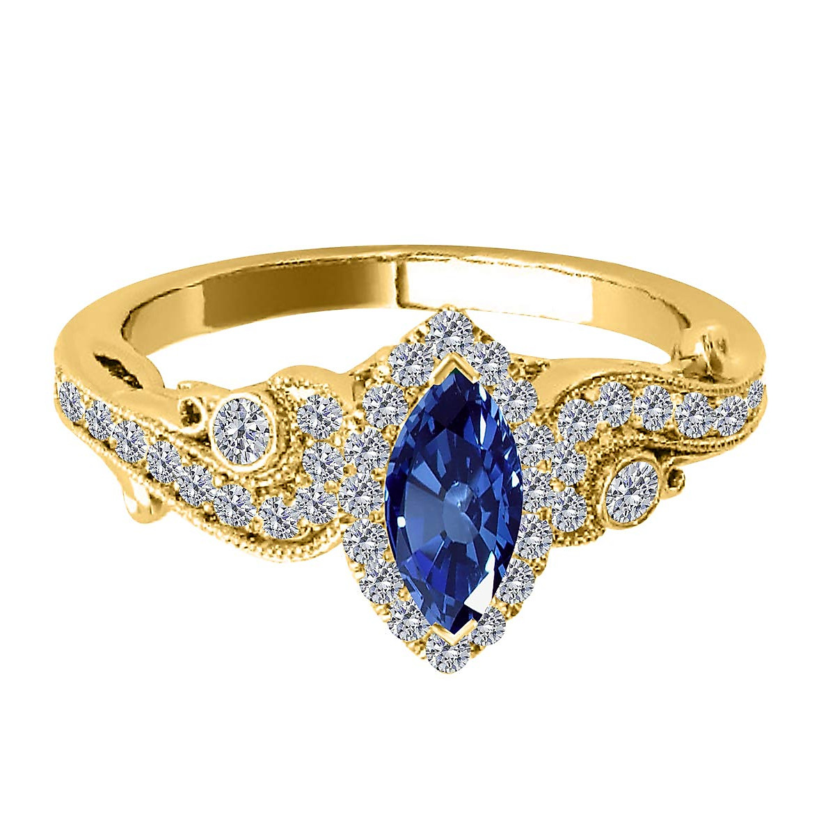 MauliJewels 3/4 Carat Marquise Shape Sapphire & Natural White Diamond Gemstone Ring Prong-Setting 14K Solid Yellow Gold
