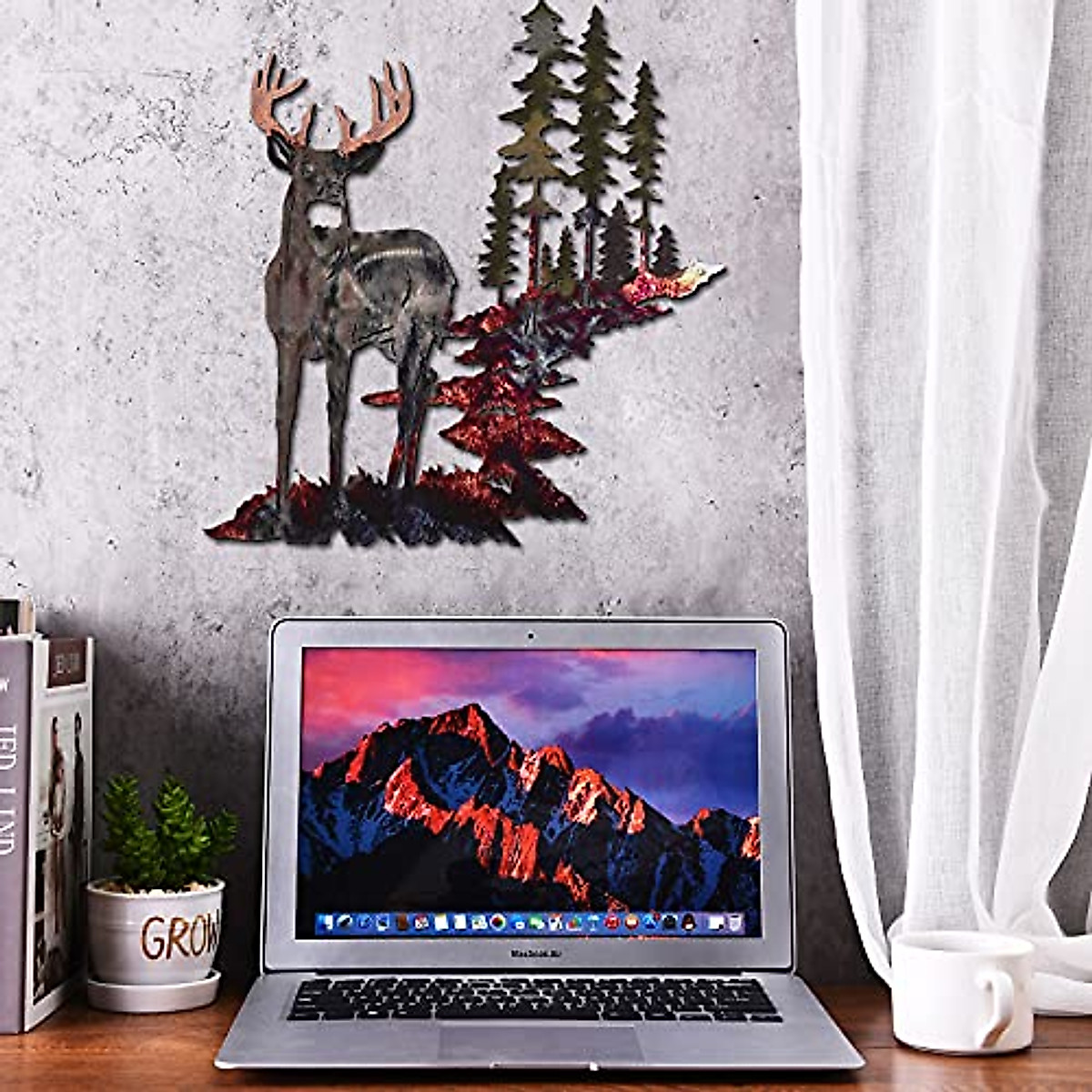 Forest Tree Deer Wall Art Metal Rustic Hunting Decor for Living Room Bedroom Bathroom Indoor Outdoor, 11.8 x 7.9 Inch (Bright Color)