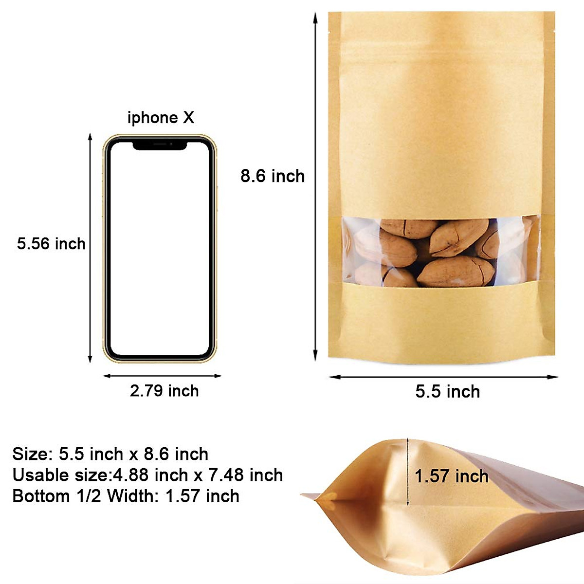 100 Pcs Resealable Stand Up kraft Paper Bags with Window for Packaging Products, Reusable Zip Lock Food Storage Pouch Bags (5.5" x 8.6")