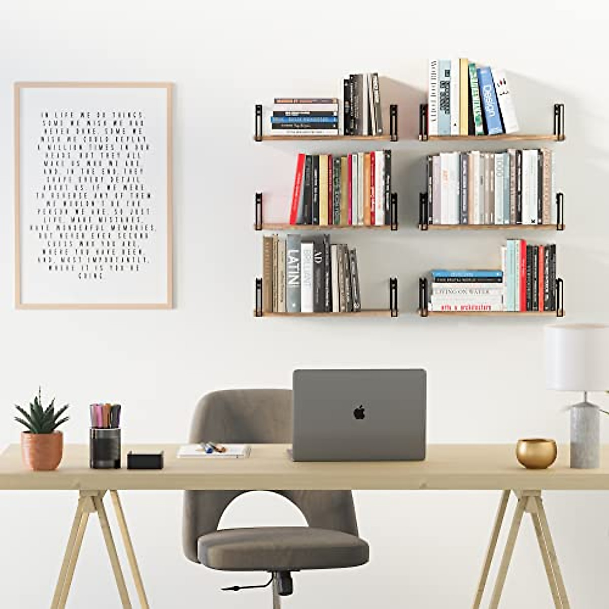 Wallniture Avila Floating Shelves, Wall Bookshelf Living Room Decor Shelves for Wall Storage, Kitchen Organization Home Office Decor DVD Storage Burnt, Set of 6