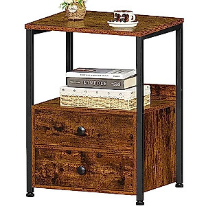 Lerliuo Nightstand, Industrial Bed Side Table with 2 Drawers Storage Open Shelf, Sturdy End Table with Steel Frame, Night Stand for Bedroom, Living Room, Vintage Brown