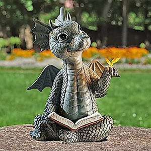 Dragon Reading Book Statue Dinosaur Holding Butterfly Figurines Art Resin Sculpture Outdoor Garden Decor Home Desk Ornament