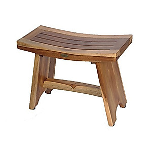 EcoDecors Serenity Shower Stool Natural Teak Wood Eastern Style Shower Bench with Curved Seat, Wooden Shower Seat Spa Stool in Earthy Teak Finish - 24 inches
