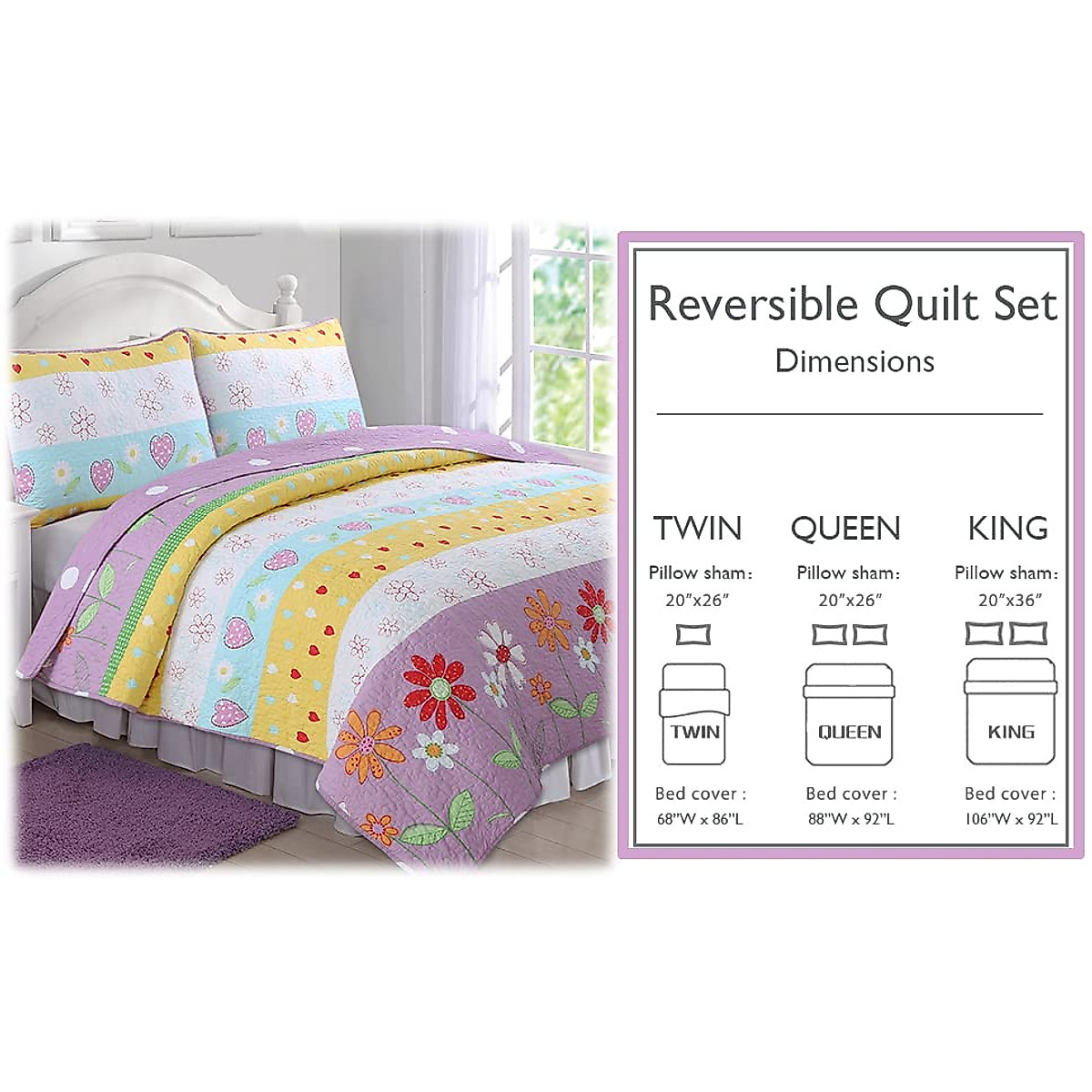 Cozy Line Home Fashions Floral Heart Print Reversible Girl Bedding Quilt Set, Bedspread, Coverlet (Flower Garden, Queen - 3 Piece)