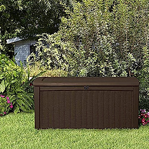 Keter Borneo 110 Gallon All Weather Weatherproof Rattan Wicker Resin Outdoor Backyard Patio Porch Deck Organization Storage Box Bench, Brown (2 Pack)