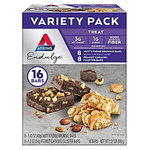 Atkins Endulge Treat Variety Pack, Nutty Fudge Brownie Bar & Peanut Caramel Cluster, Keto Friendly, 16 Bars (8 Each Flavor)