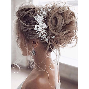 Unicra Flower Bride Wedding Hair Vine Pearl Bridal Hair Piece Leaf Hair Accessories Rhinestone Headband for Women and Girls (9inches) (Silver)
