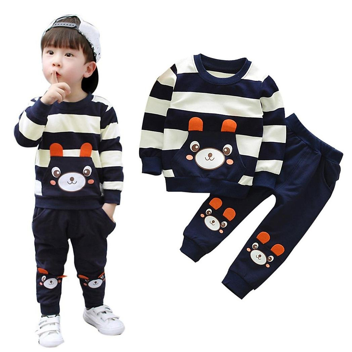Kids Clothes Set for 2-5 Years Old,Kids Toddler Baby Girl Boy Autumn Winter Warm Striped Bear Tops+Pants Outfits (2-3 Years Old, Navy)