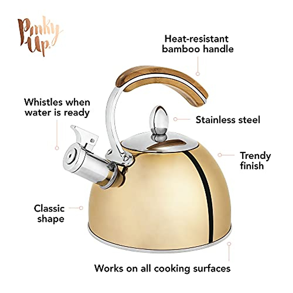 Pinky Up Presley Tea Kettle, Stovetop Stainless Steel Kettle, Whistling, Tea Accessorie gifts, Fast Boil Water Kettle, Wooden Handle, 70 oz, Gold