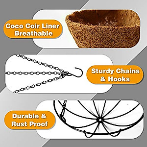 TOOCMEUK Hanging Plant Basket Flower Holder (2pack, 16 inch)-Metal Wire Round Hanging Basket Planter with Coco Fiber Liners for Plants Flower Pots Outdoor Garden Porch and Balcony Decor