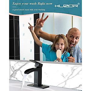 KUZOR Bathroom Faucets Single Hole Black Matte, Waterfall Matt Black Bathroom Sink Faucet One Hole with Metal Pop Up Drain, Solid Brass Square Faucet for Bathroom Vanity