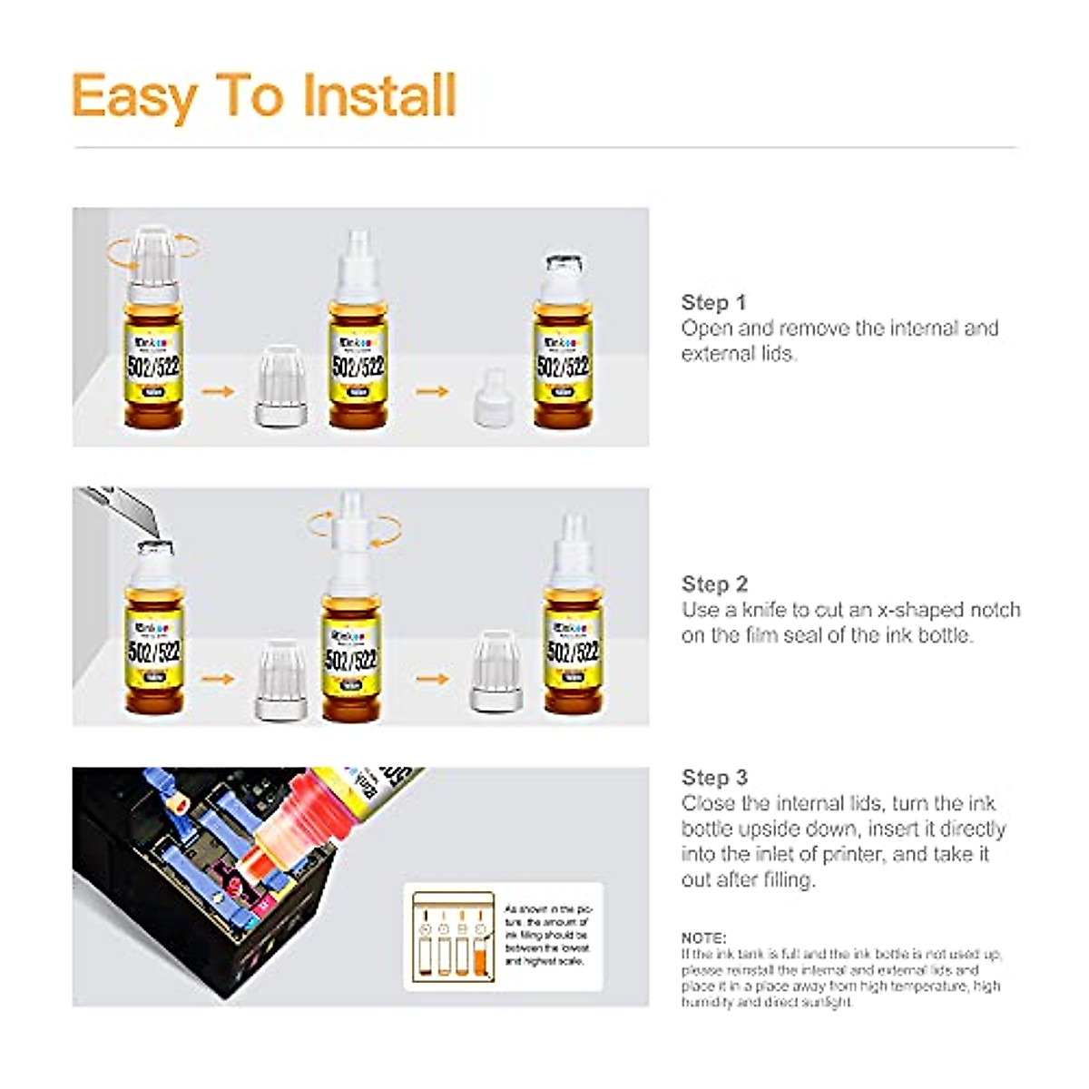 E-Z Ink (TM Compatible Ink Bottle Replacement for Epson 502 T502 522 T522 High Yield to use with ET-4760,ET-3760,ET-2760,ET-3710,ET-2750,ET-3700,ET-3750 Printer (Black, Cyan, Magenta, Yellow, 4 Pack)