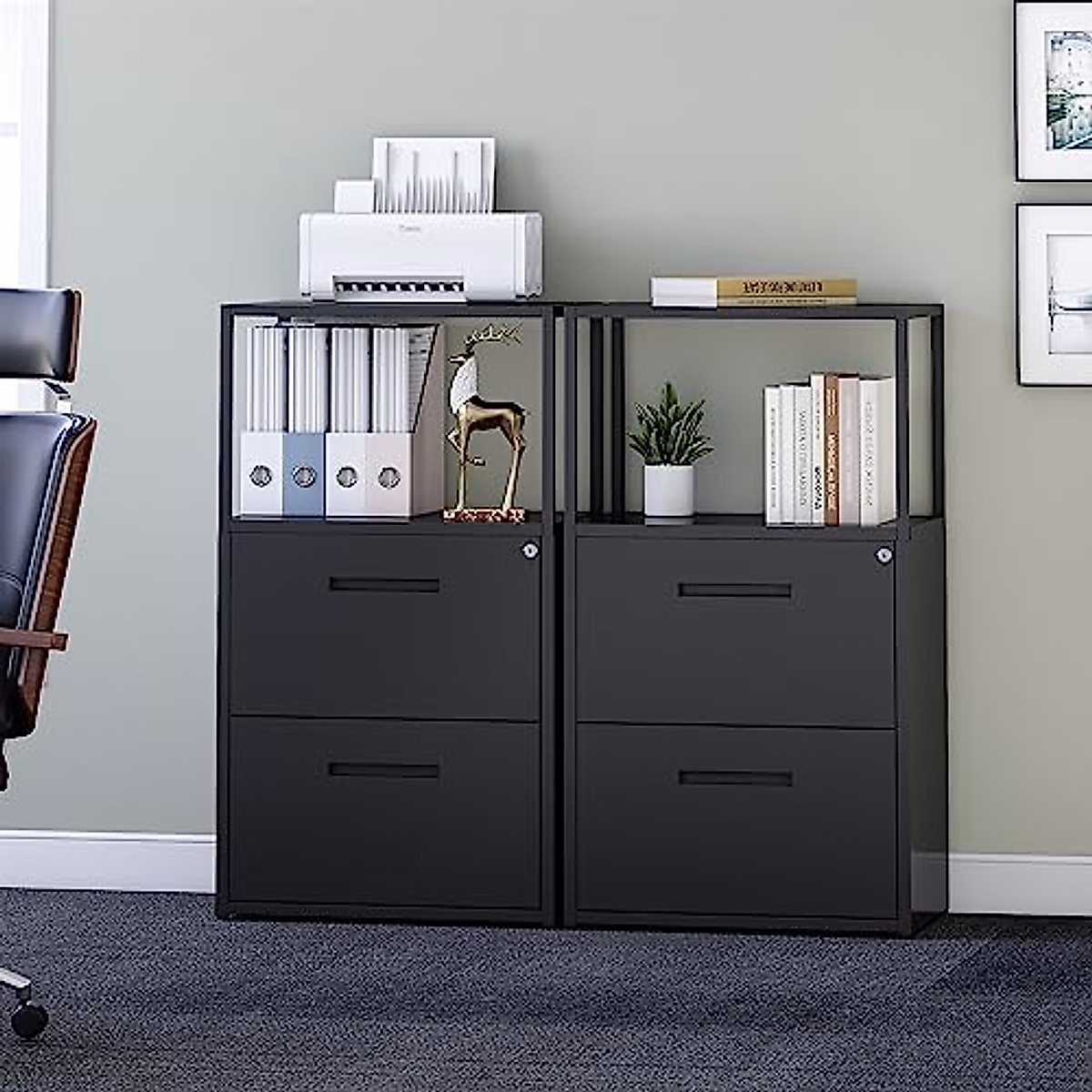 BYNSOE 2 Drawer Lateral File Cabinet with Shelving Metal Filing Cabinet with Lock Office Home File Cabinet for A4 Legal/Letter,Assembly Required (Black, 2 Drawers with Shelving)