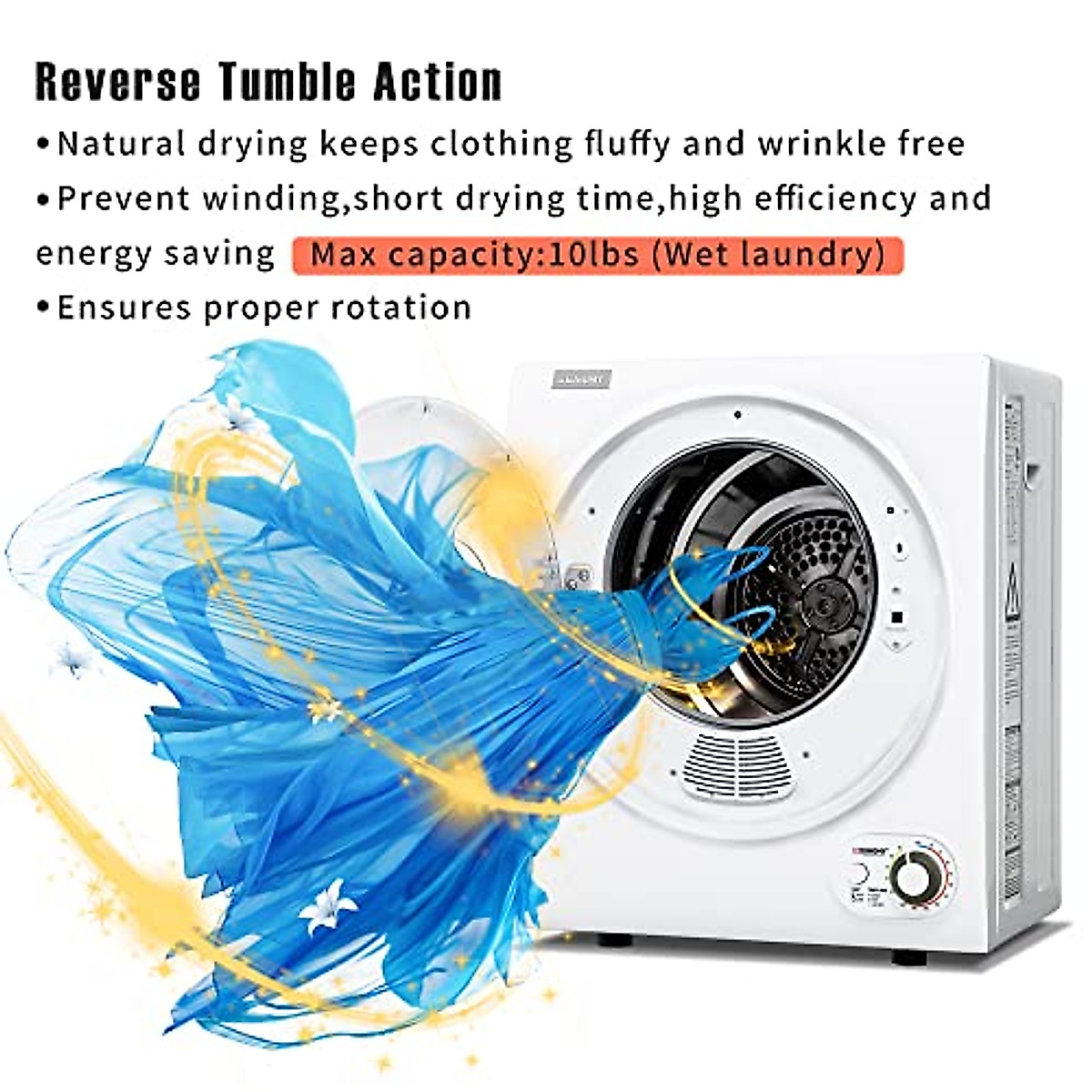 Euhomy 110V Compact Laundry Dryer, 1.5 cu.ft Front Load Stainless Steel Clothes Dryers with Stainless Steel Tub, Control Panel Downside Easy Control for 4 Automatic Drying Mode, White