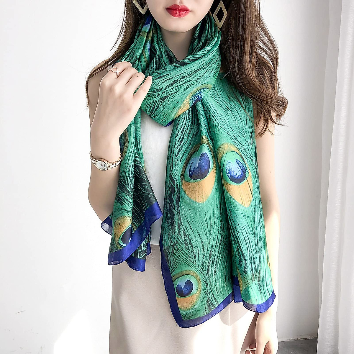 Women Silk Scarf Long Large Peacock Feather Print Wrap Shawl Scarves Headscarf