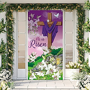 Happy Easter Day Decorations Easter Door Cover Easter Religious Door Cover He Is Risen Door Cover Large Fabric Easter Cross Door Cover Background for Jesus Spring Easter Party Decor 70.87 x 35.43 Inch