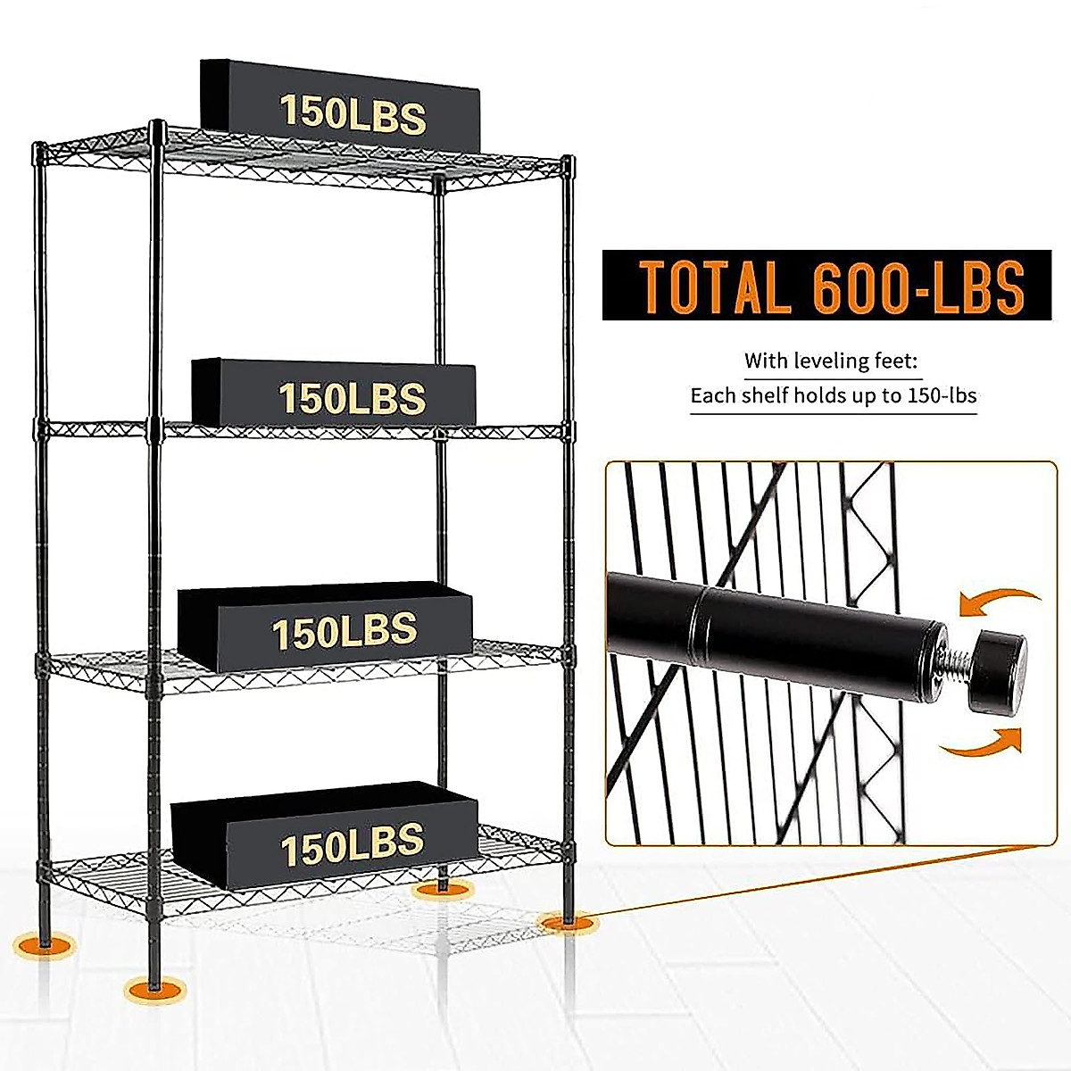 Catalina Creations 4-Shelf Shelving, Steel Wire Rack with 4-Shelf Liners, 100 lbs Loading Capacity Per Shelf, Heavy Duty Standing Storage Shelf Units for Garage (30W x 14D x 47H, Black)