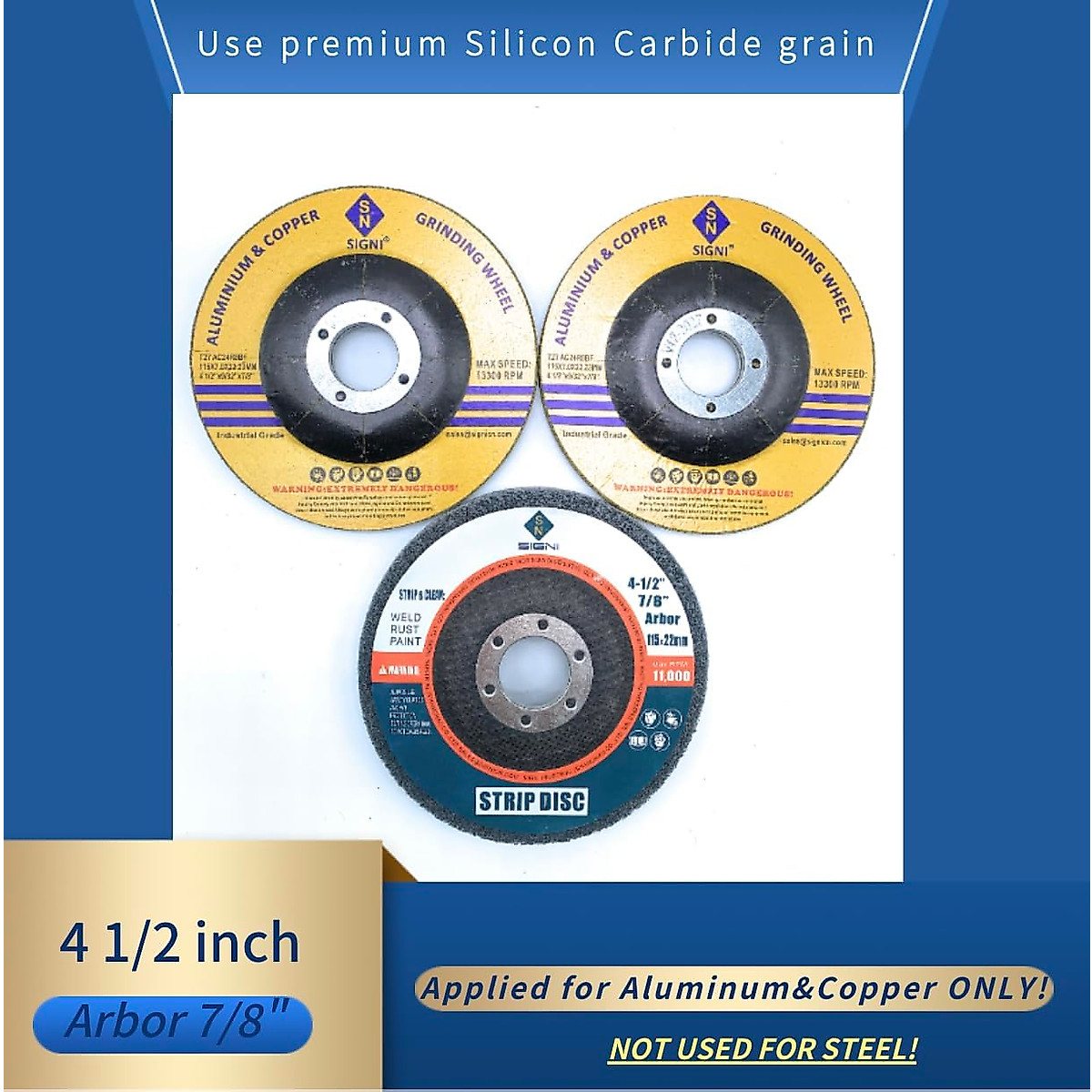 SIGNI Aluminum Grinding and Polishing Set, Including 2pcs Aluminum Grinding Wheel, 1pc Aluminum Polishing Wheel, 4-1/2" Diameter and 7/8” Arbor, Designed for Aluminum and Copper