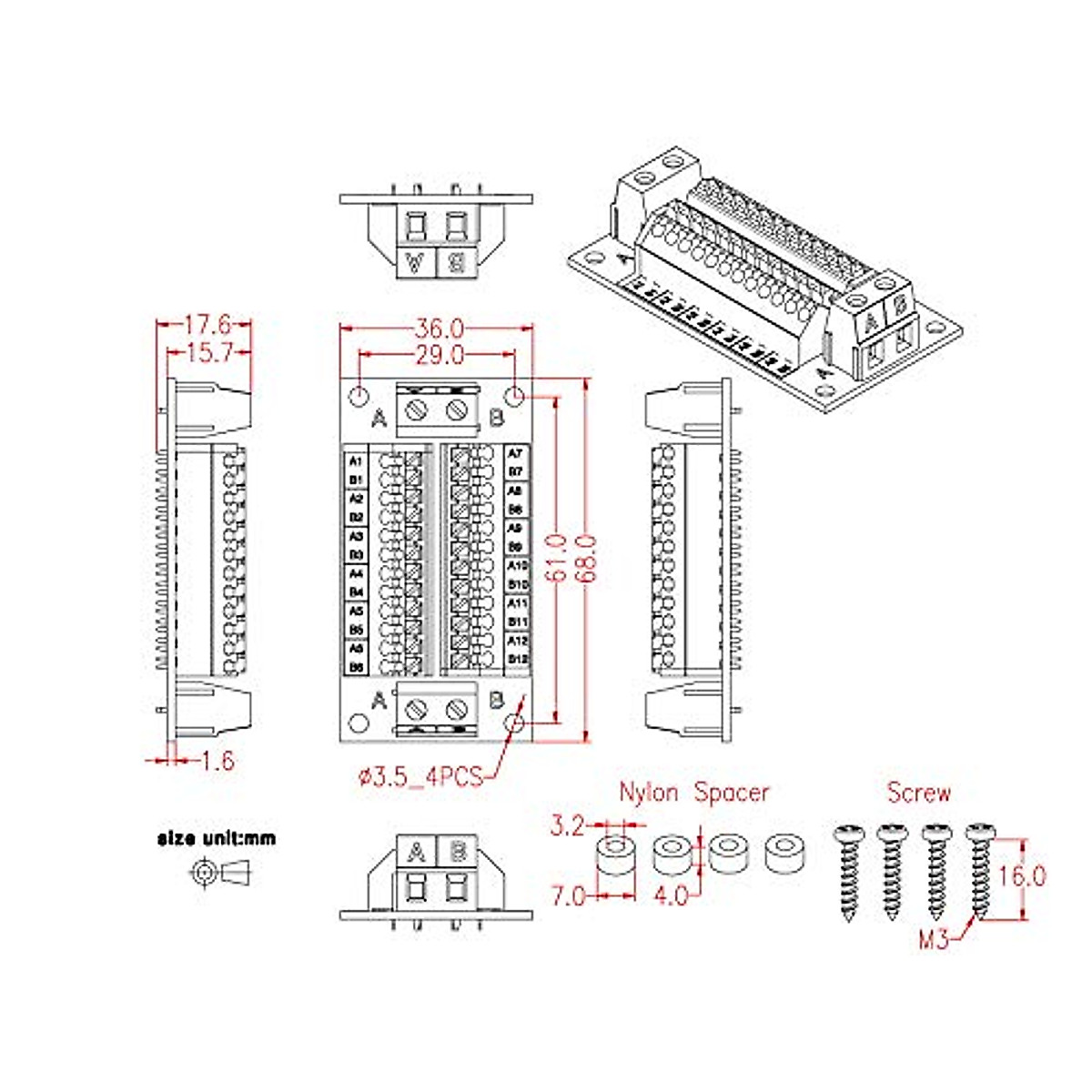 16Amp AC/DC 2x12 Position Terminal Block Distribution Module