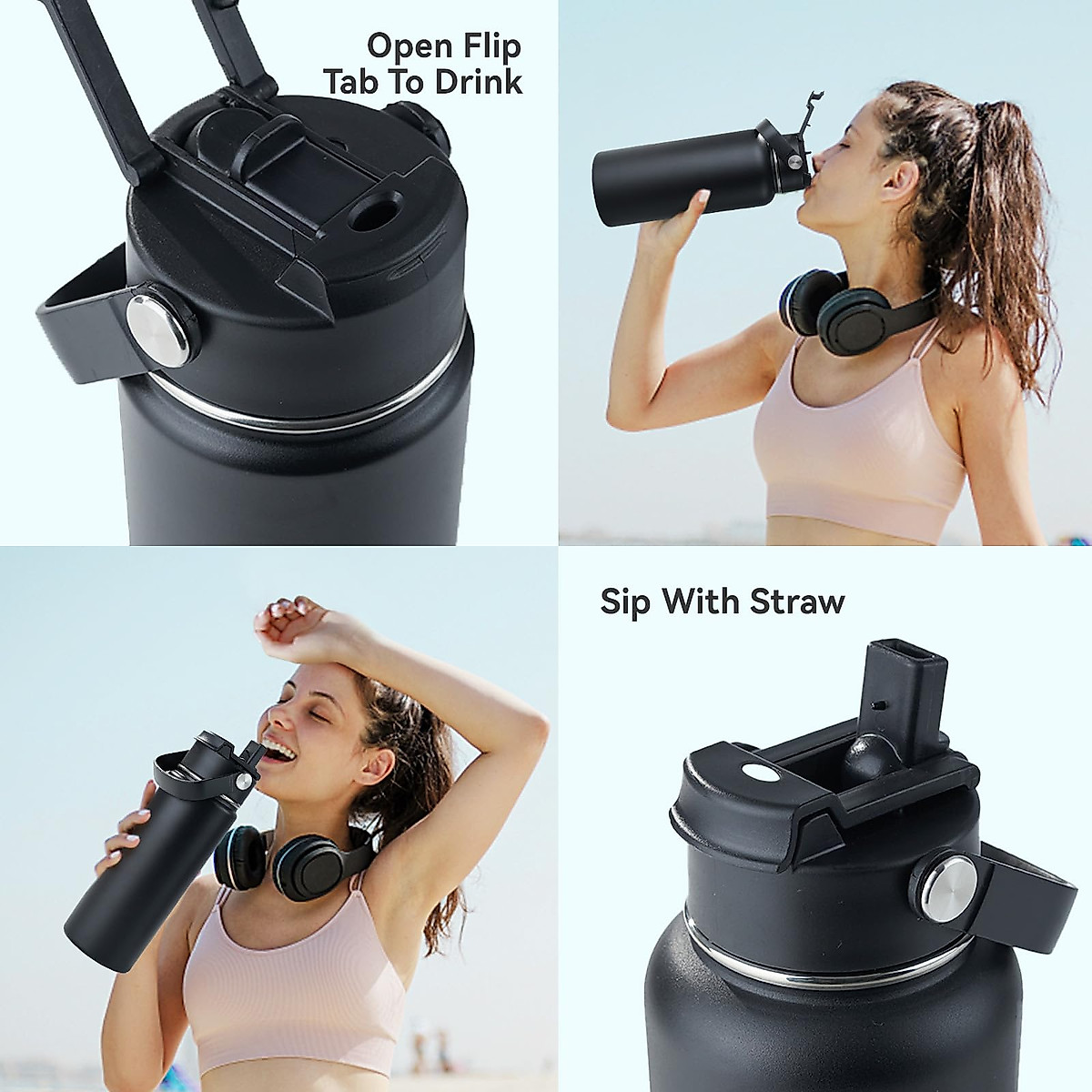 Kerilyn 24oz Stainless Steel Insulated Water Bottle, Double Wall Vacuum, Leak Proof with Silicone Straw, Wide Mouth, BPA Free, Copper Lined, Keep Cold 24h Hot 12h, Black