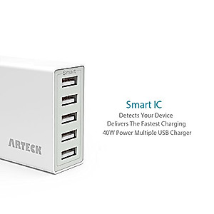Arteck 40W 5-Port 8A High Speed Multiple USB Charger with Smart Technology for iPhone 14, 14 Pro, 14 Pro Max, iPhone 13, iPhone 12, iPhone 11, iPhone Mini, iPad, Samsung and Other Smartphone, Tablet