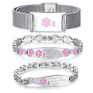 LinnaLove Lymphedema Alert Bracelets No Needle or BP Bracelets Stainless Steel Medical Bracelets for Women (Customize)