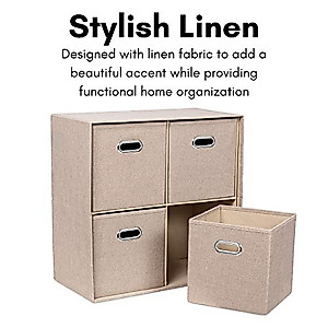 BIRDROCK HOME Cream Linen Cube Organizer Shelf with 4 Storage Bins – Strong Durable Foldable Shelf – Kid Toy Clothes Towels Cubby – Collapsible Bedroom Fabric Shelves and Cubes