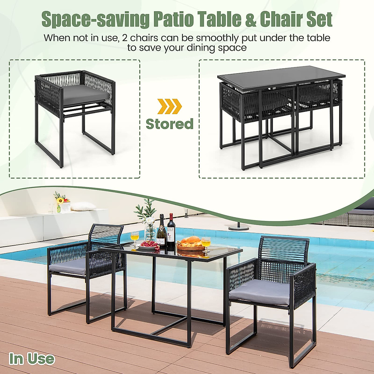 DORTALA Rattan Patio Furniture Set, 3-Piece Dining Set with Cushions, Tempered Glass Tabletop, Outdoor Wicker Small Chairs & Table Set for Backyard, Balcony, Poolside, Black