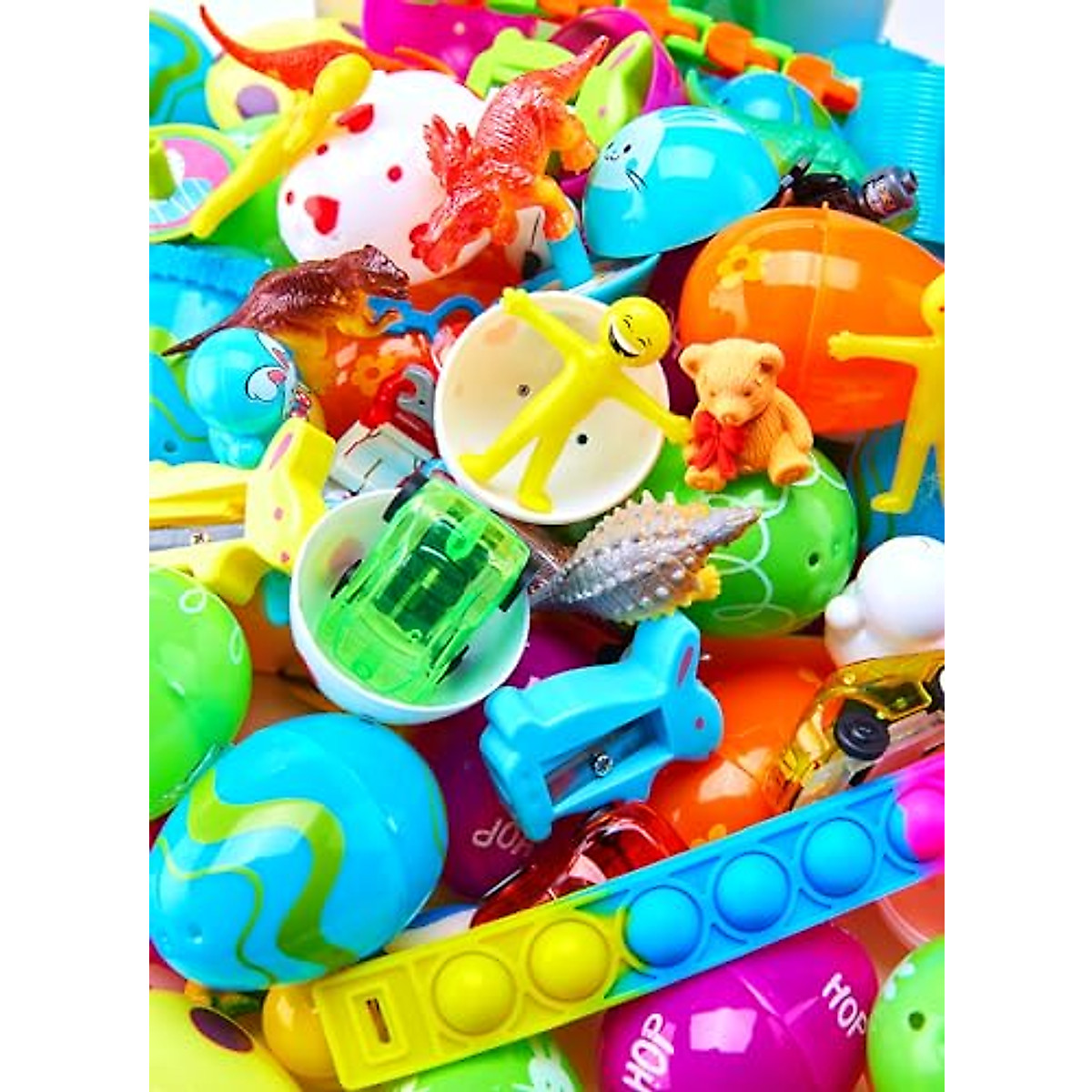 Minetom 80 Pcs Colorful Plastic Prefilled Easter Eggs with Toys inside Includes Dinosaur Toys,Finger Puppets, Pullback Car Toys, Easter Themed Rings,Easter Egg Hunt Supplies Party Favor Gifts for kids