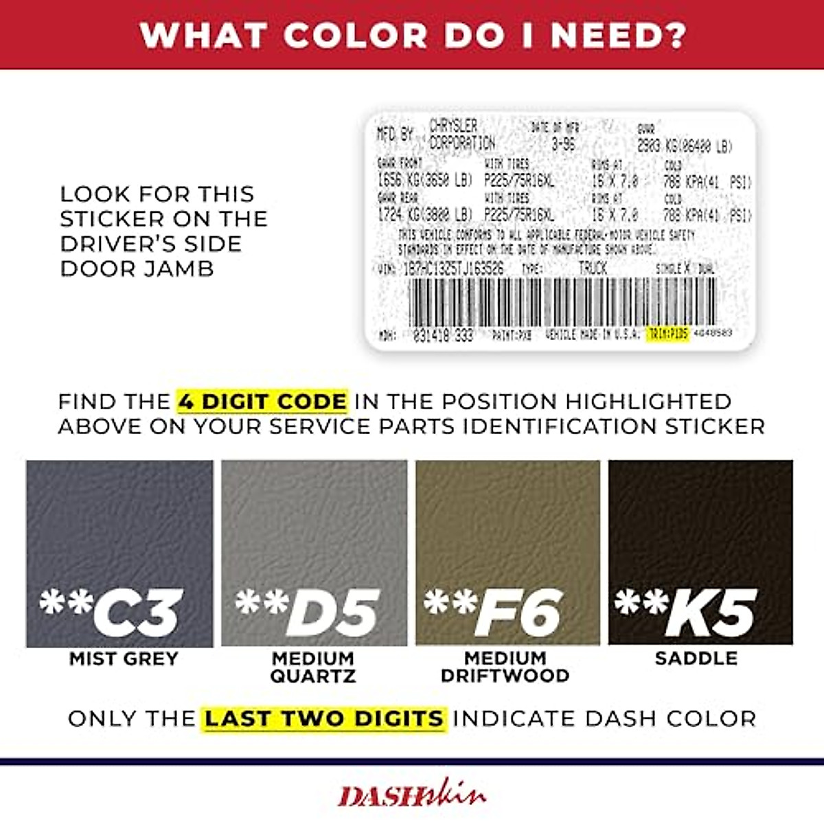 DashSkin USA (NOT Made in China!) Molded Dash Cover Compatible with 94-97 Dodge Ram 1500/2500/3500 in Medium Quartz - Easy Cracked Dashboard Fix - Made in America