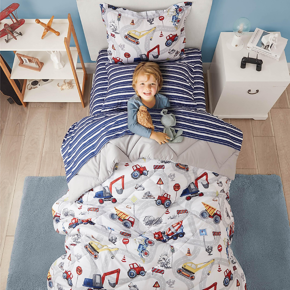 PPOLCA Truck Twin Comforter Set for Boys,5 Pieces Kids Bedroom Bedding Set with Sheets and Pillowcase,Super Soft Lightweight for All Seasons,Car,Machine Washable