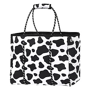 Yomietar Neoprene Tote Bag Travel Beach Bag Large Pool Bag Gym Bag Handbag for Women Men (Cow Print)